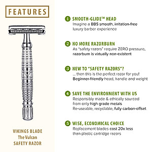 VIKINGS BLADE Double Edge Safety Razor for Men + 5 Swedish Steel Blades + Luxury Case. Long Handle. Smooth, Reusable, Eco-Friendly (The Vulcan)