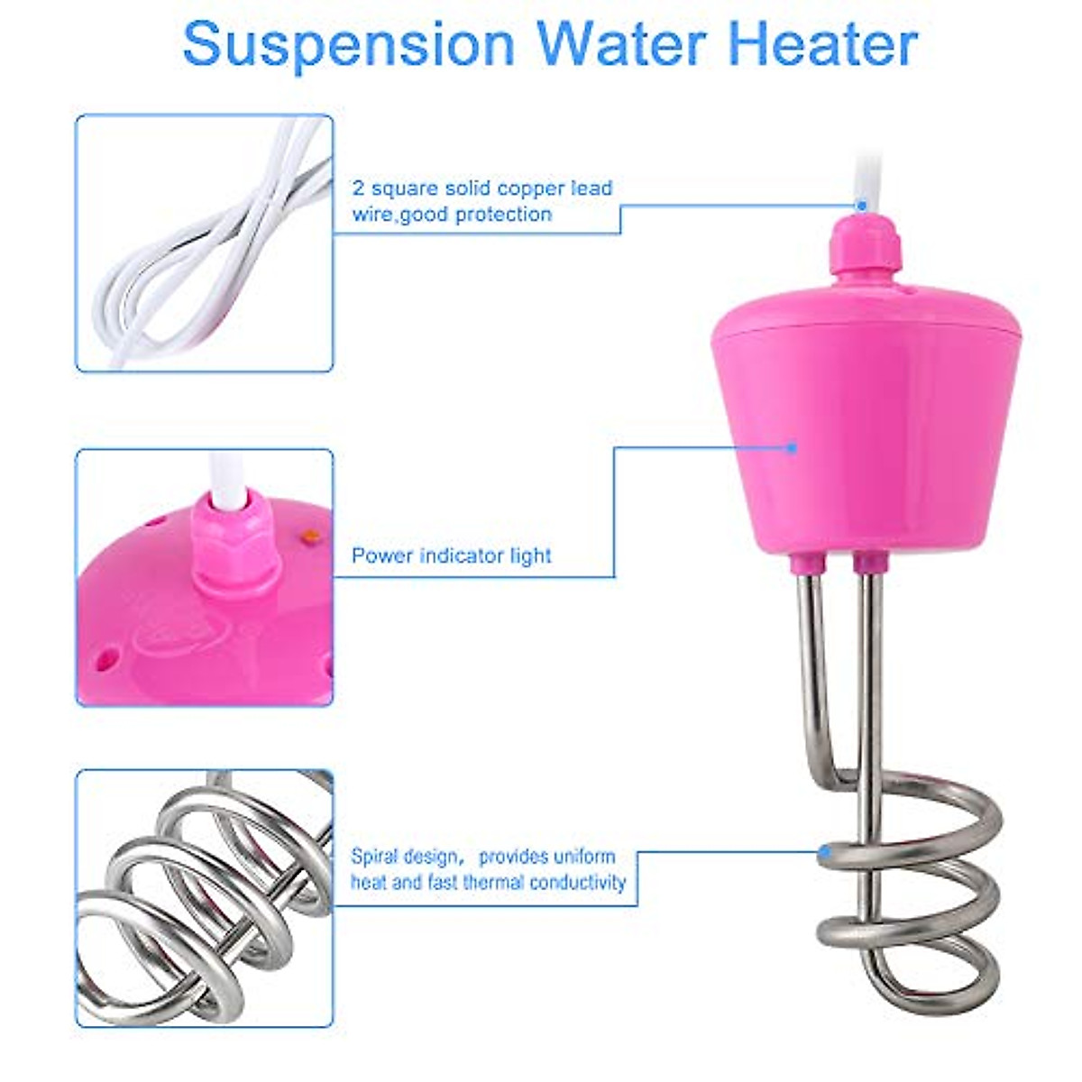 Resistance Water Heater, Immersion Heater 2000 W with Digital Thermometer Automatic Shut-Off Floating Electric Immersion Heater Made of Stainless Steel for Bathtub, Bucket, Pool (2 m)