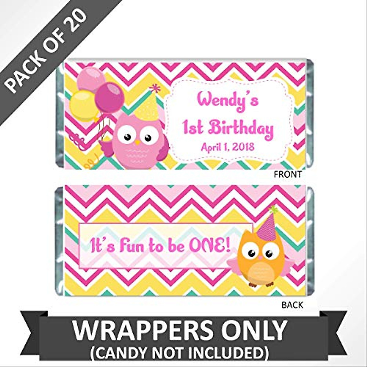 Owl Birthday Party Favors, Personalized Candy Wrappers for Chocolate, Pack of 20 Custom Hershey Bar Labels