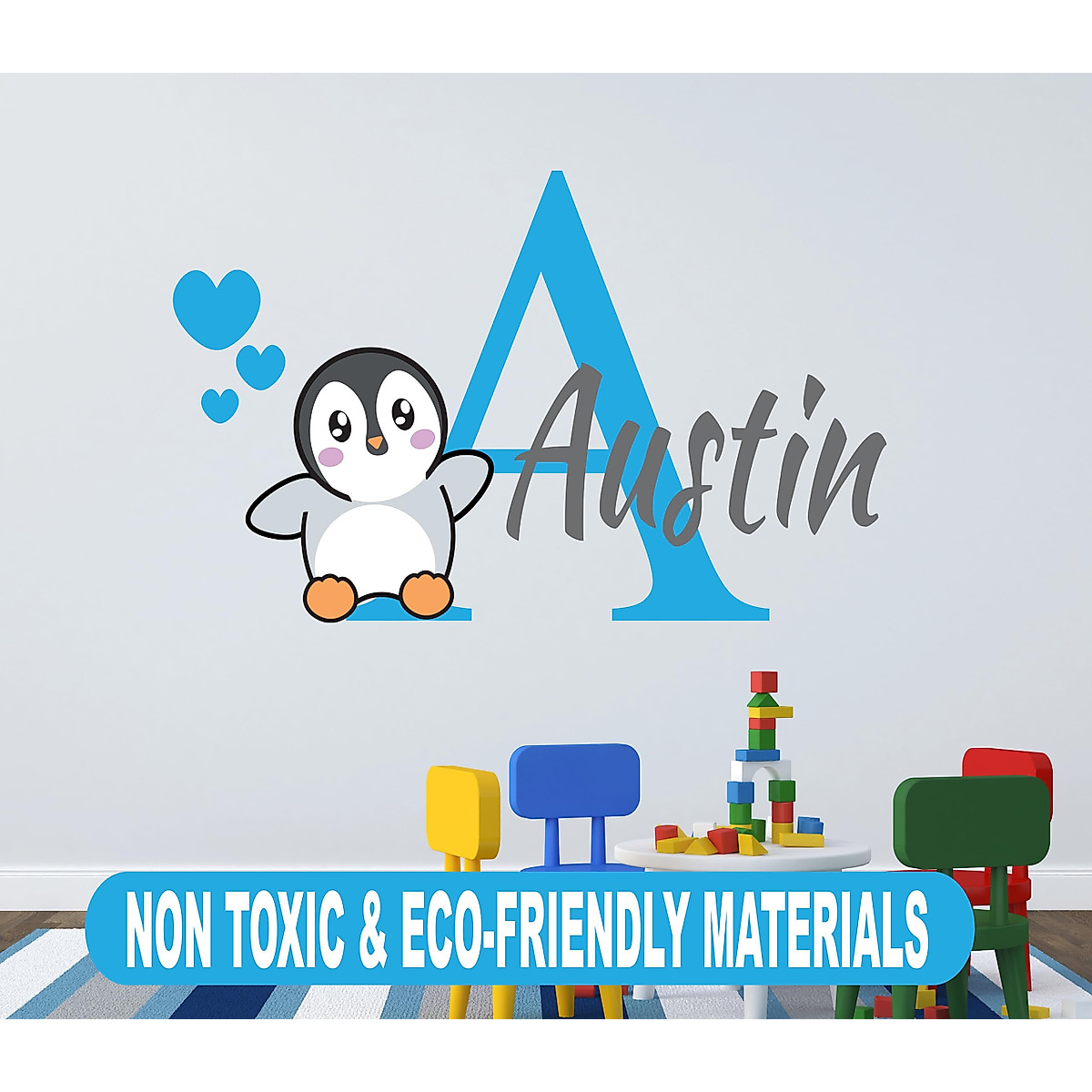 CuteDecals Love Penguin Custom Name - Personalize Penguin Name Wall Art - Unisex Wall Decal for Nursery Playroom Bedroom Decoration (Wide 16Inx9In Height)