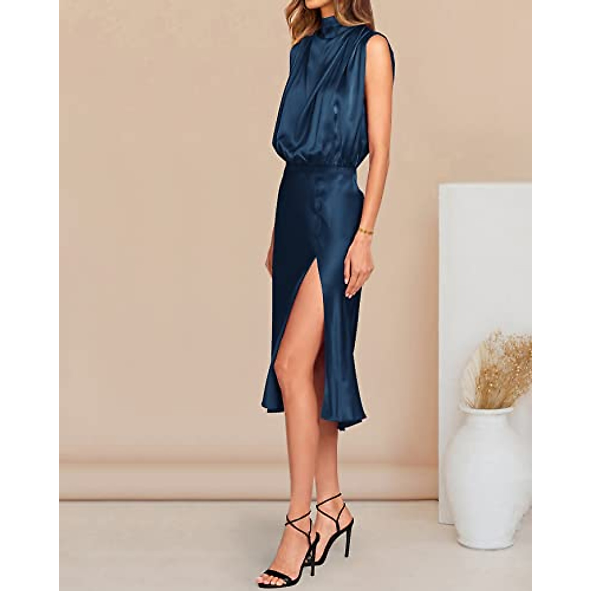 PRETTYGARDEN Women Summer Formal Mock Neck Sleeveless Satin Dress Elastic Waist Slit Midi Wedding Guest Dresses 2023(Solid Dark Blue,Large)