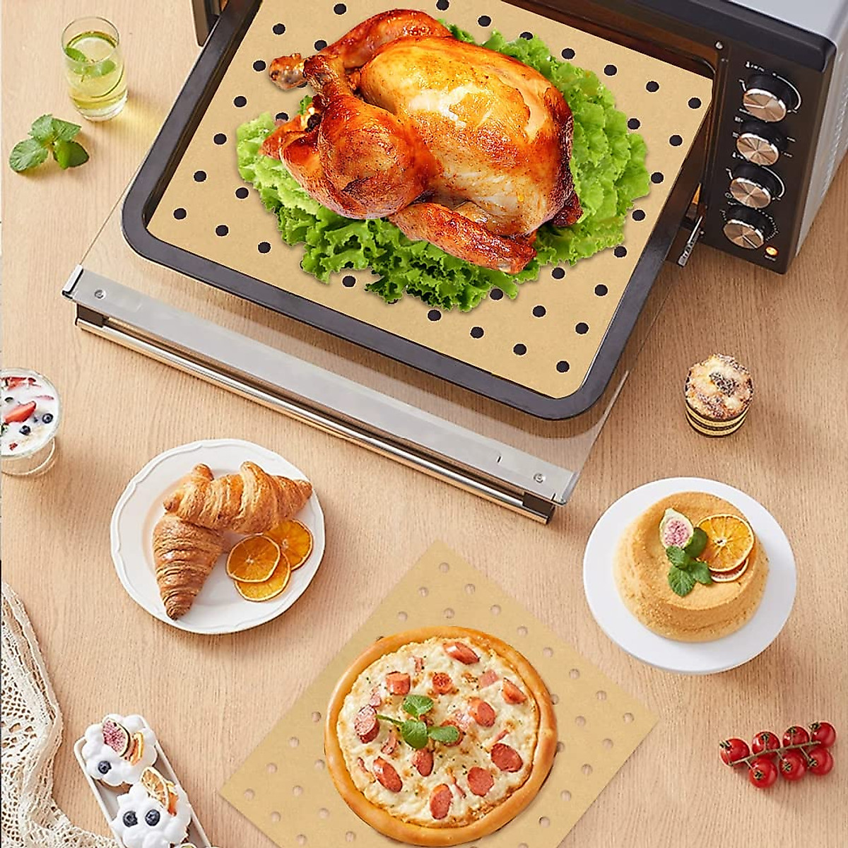 100pcs Air Fryer Liners,Parchment Paper Sheets for Toaster Oven Air Fryer 9 x 11 inches,Perforated Non-Stick Paper Liners for Cooking on Oven Rack