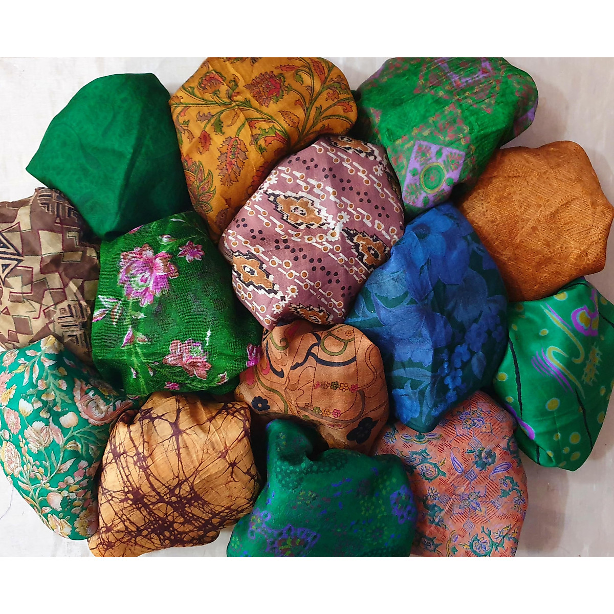 Vintage Sari Fabric 14 Pcs Brown & Green 12"*20" Silk Sari Scrap Remnants Lot for Journal Scrapbook Wrap Craft Project Jewelry Applique DIY Gift Wrap BRGR14