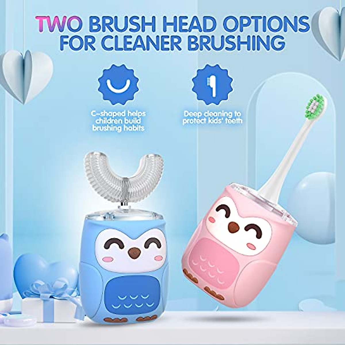 Flying Ideas Kids Electric Toothbrush, U Shaped Toothbrush, Ultrasonic Automatic Toothbrush Kids with 6 Modes, Full/Whole Mouth Baby Toothbrush, IPX7 Waterproof(Light Blue)