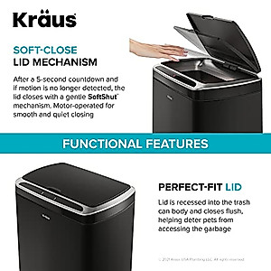Kraus KTCS-10MB GarbagePro Rectangular 13 Gallon Hands-Free Motion Sensor Trash Can Battery Operated in Matte Black Finish with SoftShut Touchless Lid