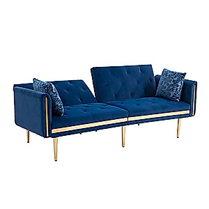 HBHM Velvet Sofa Accent Sofa, Mid Century Modern Loveseat Velvet Fabric Couch, Convertible Futon Sofa Bed, Recliner Couch Accent Sofa Loveseat Sofa with Gold Metal Feet,Blue