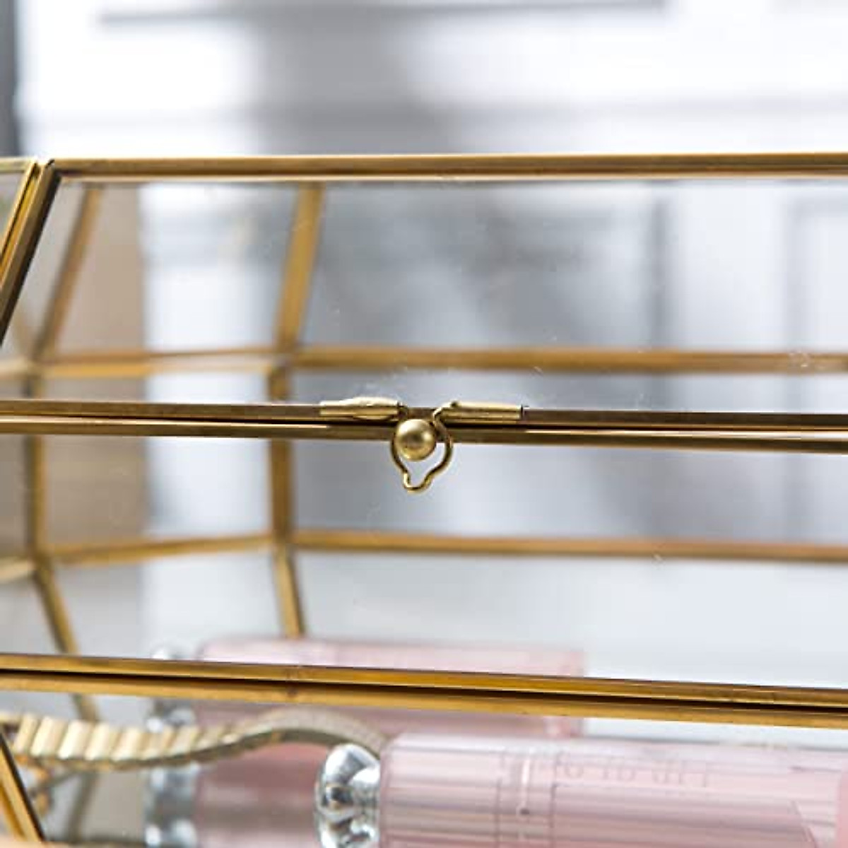 Vellon Gold and Clear Jewelry Trinket Box, Glass Decorative Box, Chic Design Storage for Cosmetic/Bracelet/Necklace/Ring, Idea Gift, Including 26 Glass Panels and 112 Golden Metal Line