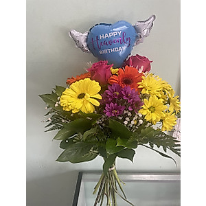 Heavenly Balloons on a stick Happy Heavenly Birthday blue/purple balloon heart shaped with angel wings