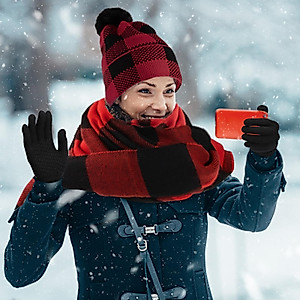 Cosweet Scarf and Gloves Set - Winter Knitted Warm Set, Plaid Scarf Winter Gloves Knitted Hat with Pompom Flurry Ball for Women Men Outdoor Sports Running Skiing Cycling Yoga Christmas Gift