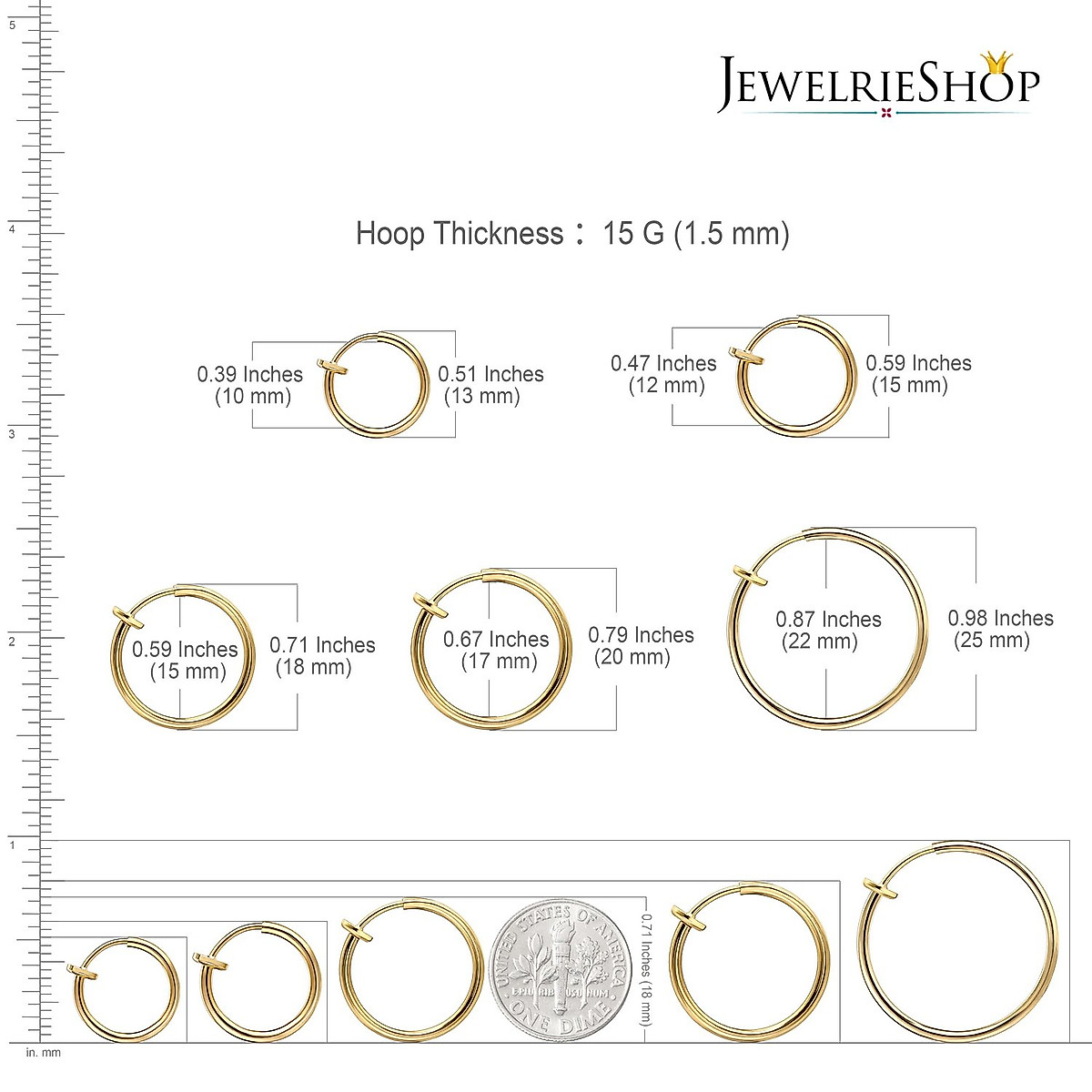 JewelrieShop Clip on Hoop Earrings for Women Fake Nose Ring Faux Lip Septum Ring Fake Cartilage Earrings Spring Endless Hoop Earrings Non Piercing Lobes Men (5 Pairs, 13mm-25mm, Gold)