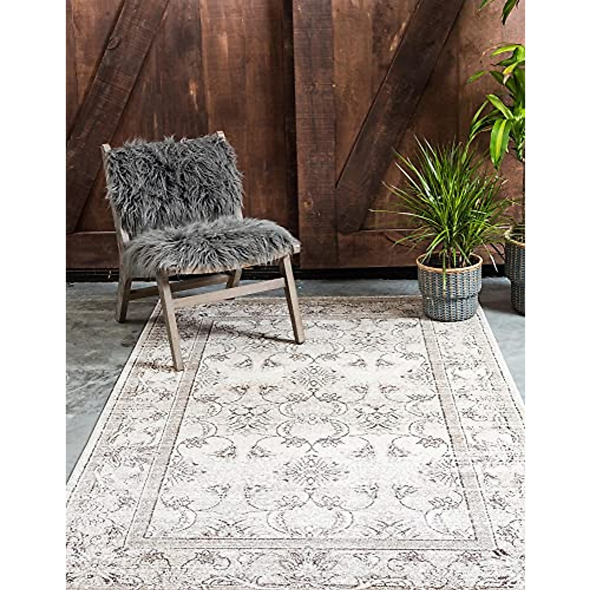 Unique Loom La Jolla Collection Botanical, Contemporary, Traditional, Rustic, Border Area Rug, 9 x 12 ft, Ivory/Brown
