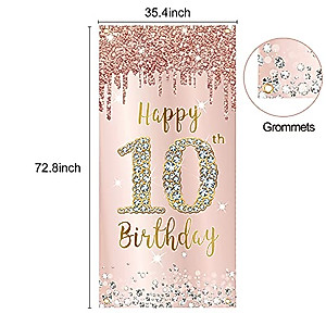 Happy 10th Birthday Door Banner Backdrop Decorations, Pink Rose Gold 10 Year Old Birthday Party Door Cover Sign Supplies, Large Ten Birthday Poster Background Photo Booth Props Décor
