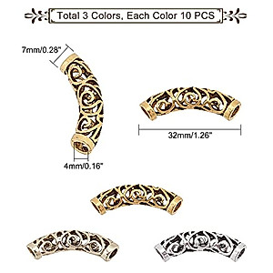 PH PandaHall 3 Colors Curved Tube Beads, 30pcs Twist Tube Slide 32mm Metal Loose Spacers Hollow Noodle Beads Tibetan Style Beads for Jewelry Necklace Bracelet Making, Hole: 4mm