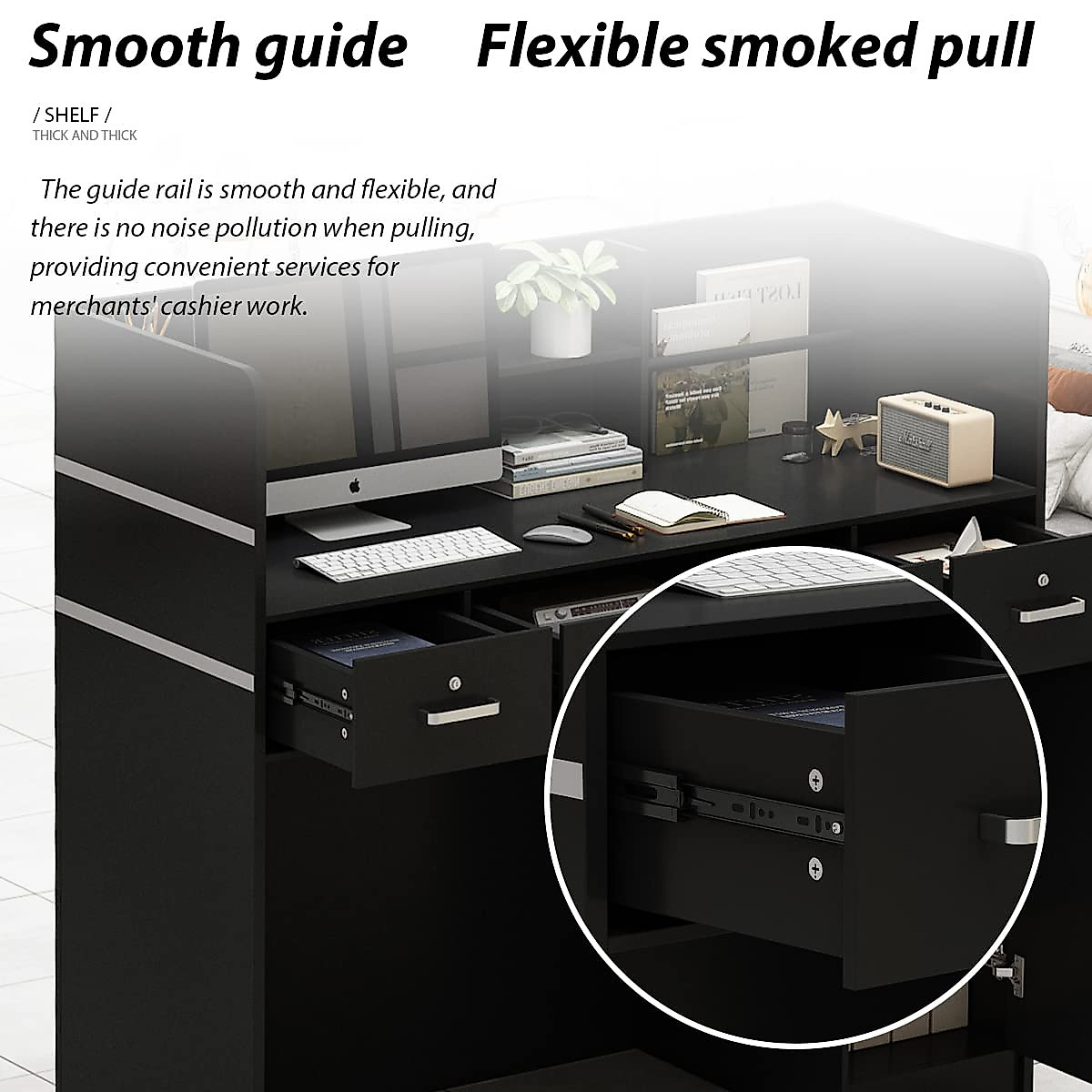 FUFU&GAGA Reception Desk with Counter, 3 Drawers & Storage Shelves, Reception Counter Table with Private Panels, for Salon Reception Room Checkout Office, Black (47.3" W x 18.3" D x 43.3" H)