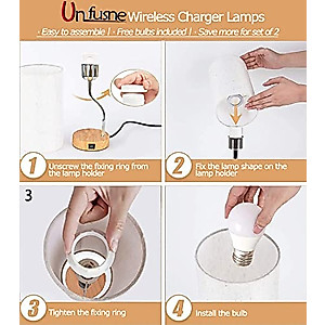 Unfusne Wireless Charging Lamps for Bedrooms Set of 3, Touch Control Small Bedside Lamp with Wireless Charger, USB Port, 3-Way Dimmable Nightstand Lamps for Bed Side Table Room with Wooden Base