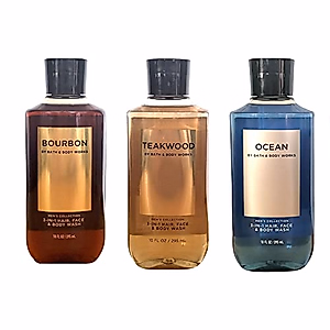 Bath and Body Works 3 Pack 2-in-1 Hair + Body Wash Teakwood, Ocean and Bourbon. 10 Oz.