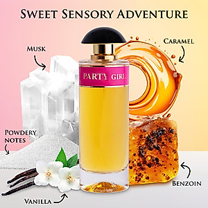 NovoGlow Party Girl for Women - Sweet Top Layer with Middle Layer of Powdery Notes & Musk - Aroma of Caramel, Vanilla & Toasted Nuts - Scent for Any Occasion - Elegant 100ml Bottle with Suede Pouch