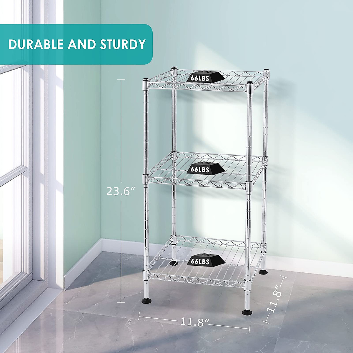 ANTSKU 3-Tier Adjustable Shelving Unit, Metal Wire Rack with Leveling Feet, Standing Storage Shelf for Laundry, Bathroom, Kitchen, Pantry, Closet (12" D x 12" W x 23.5" H, Chrome)