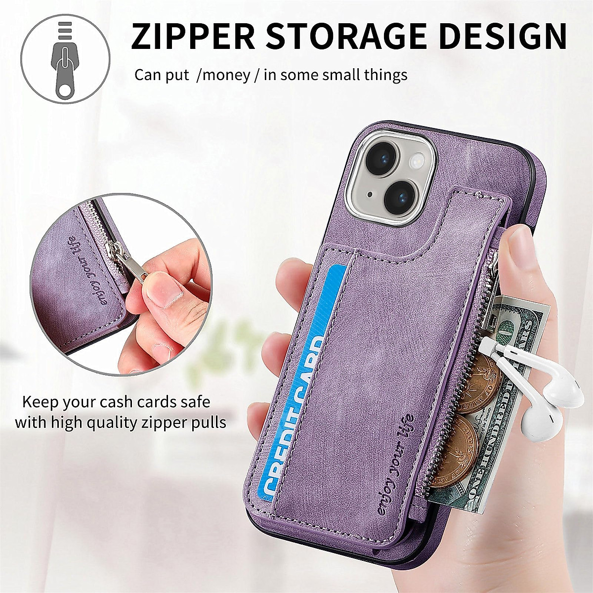 Wallet Case for iPhone 13 6.1 inch with MagSafe Magnetic RFID Blocking and Credit Card Holder Kickstand Wireless Charging Leather Zipper Phone Cover for iPhone13 5G i i-Phone i13 iPhone13case Purple