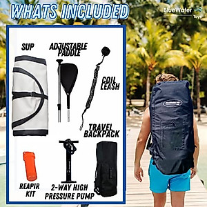 Blue Water Toys Portable Inflatable Stand Up Paddle Board Kit with Pump, Backpack, Coil Leash, and Repair Kit, SUP 350 Pound Limit, 11 Feet by 34 Inches