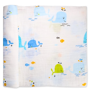 Muslin Swaddle Blankets Neutral Receiving Blanket for Boys and Girls Soft Whale Print Muslin Swaddling Blanket 47 x 47 inches