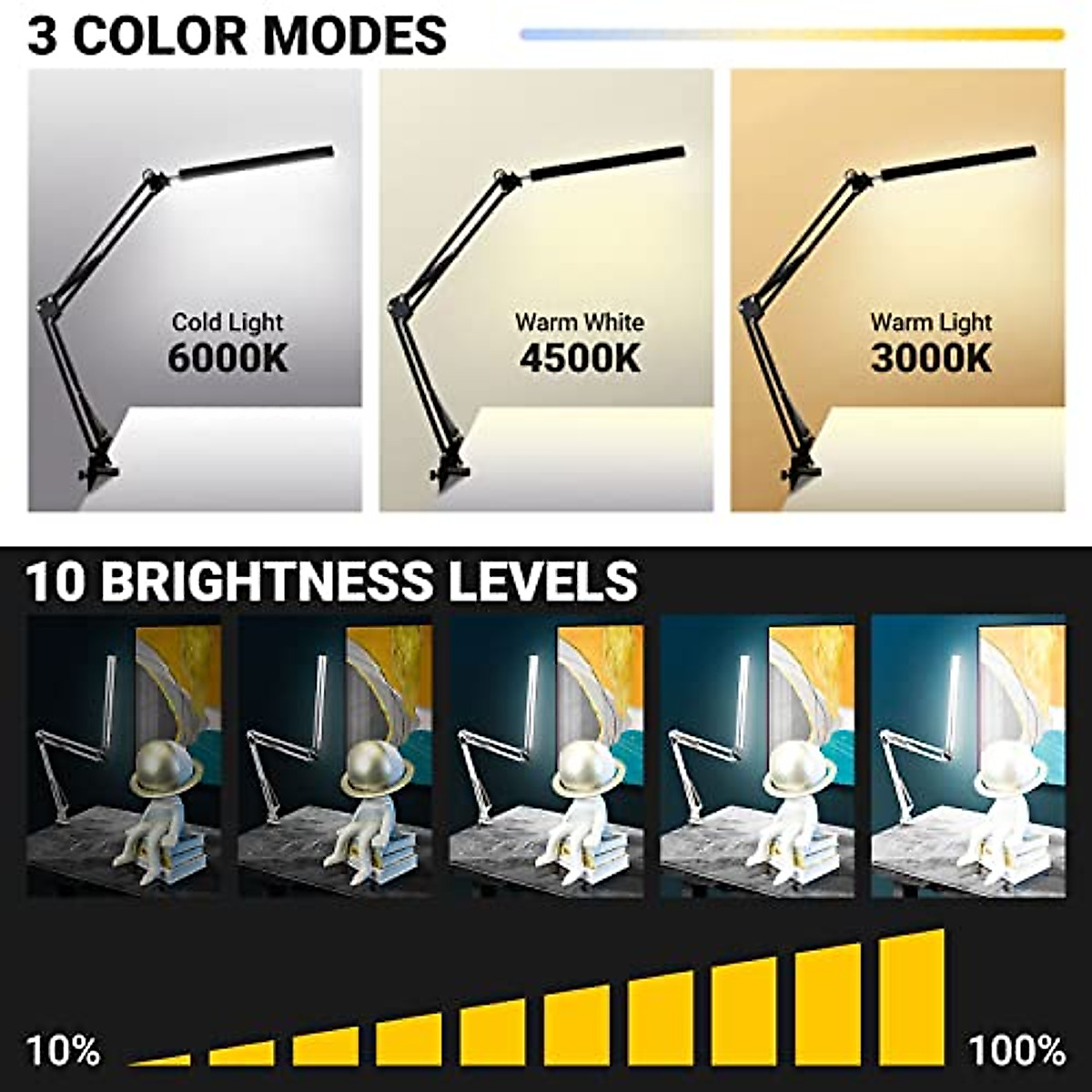 LED Desk Lamp with Clamp Swing Arm Desk lamp 360° Adjustable Eye-Caring Desk Light 3 Color Modes 10 Brightness Levels Memory Function Architect Table Desk Lamps for Home Office,Reading,12W Black