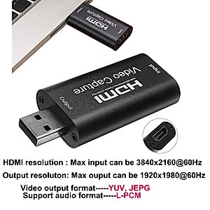 Upgraded Hdmi Capture Card, 1080p Capture Card, 4k HDMI to USB, Record via DSLR Camcorder Action Cam for High Definition Acquisition, Live Broadcasting, Gaming, Streaming, Teaching etc. (Black)