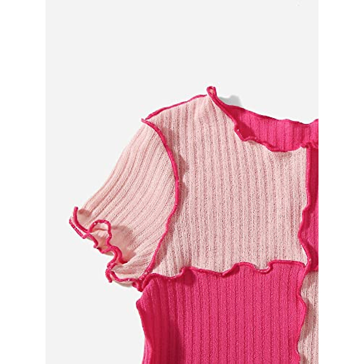 Milumia Girl's Rib Knit Color Block Crop Tee Short Sleeve Lettuce Trim Crewneck Tshirt Pink 11-12 Years