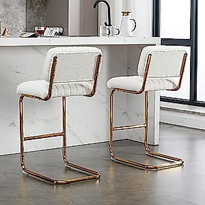 USIIN Mid-Century Modern Counter Height Bar Stools for Kitchen Set of 2, Armless Bar Chairs with Gold Metal Chrome Base for Dining Room, Upholstered Boucle Fabric Counter Stools,Ivory