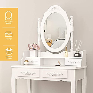 Girls Makeup Vanity Set with Mirror & Stool, Rose Carving Makeup Table, 4 Drawer White Dressing Desk for Bedroom