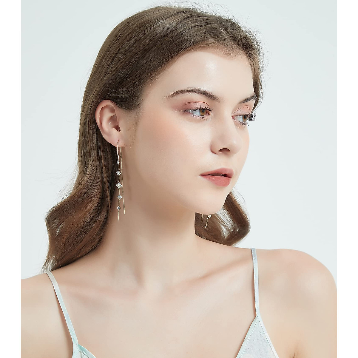 Threader Dangle Earring Long Chain Twist Curved Tassel Earring Star Butterfly Cubic Zirconia Gold Silver Drop Earring for Women Girl (Threader Earring-A)