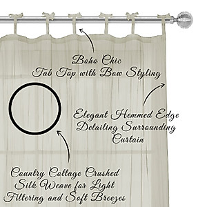 Elrene Home Fashions Greta Crushed Sheer Tie Tab Top Teen Kids Single Window Curtain Drape, 50 in x 108 in (1 Panel), Ivory