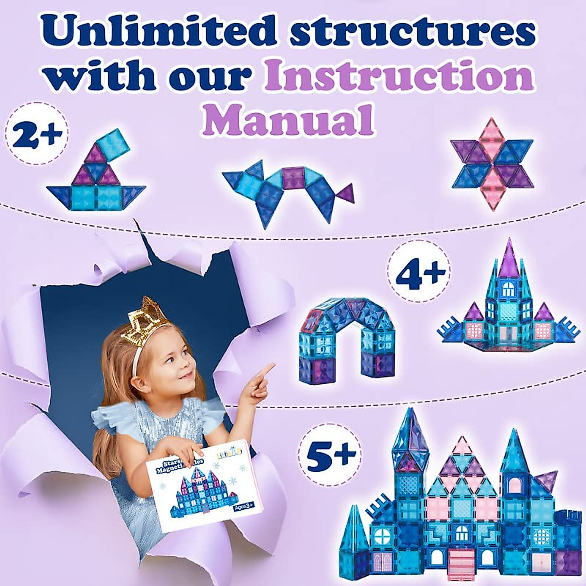 102pcs Frozen Princess Castle Magnetic Tiles Building Blocks - 3D Diamond Blocks, STEM Educational Toddler Toys for Pretend Play, 4 Year Old Girl Birthday Gifts Kids Ages 3 5 6 7 8