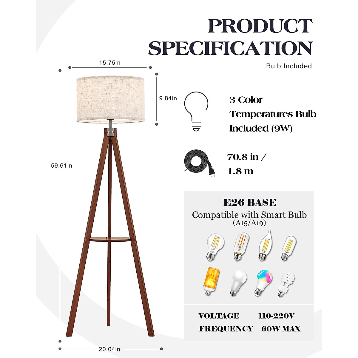 ELYONA Tripod Floor Lamp with Table, Rubber Wood Tall Standing Light, Mid Century Modern Corner Shelf Reading Floor Lamp with Drum Shade for Living Room, Bedroom, Office, LED Bulb Included, Brown