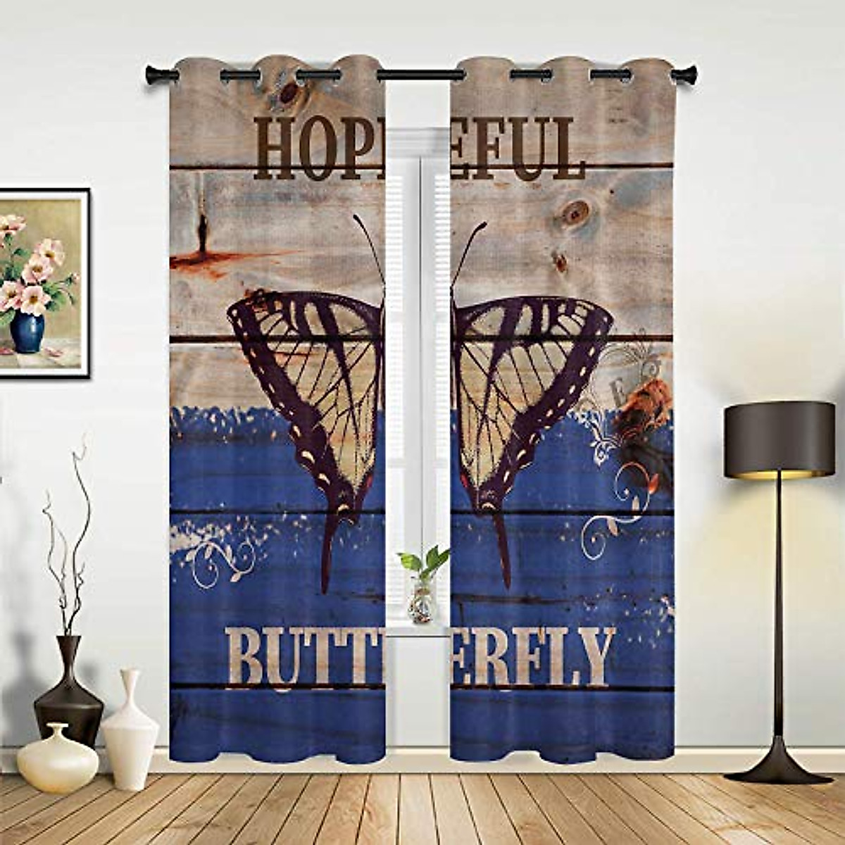 Big buy store Blackout Curtains Panels Rustic Butterfly Thermal Insulated Grommet Window Curtains Wooden Board Room Darkening Curtain Drapes for Bedroom & Living Room 52inches W x 96inches L