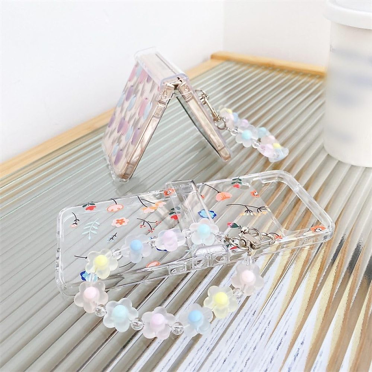 HANASE Cute Beads Pendant Flower Painting Hinge Phone Case for Samsung Galaxy Z Flip 4 3 Z Flip3 Flip4 5G Clear Hard Protective Cover,Z5,for Z Flip 4