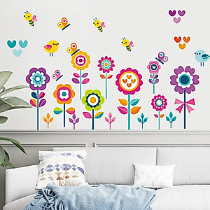 Flowers Wall Stickers for Kids Bedroom -Butterfly Bee Floral Wall Decals for Girls Room,Classroom,Nursery, Playroom- Removable DIY Peel and Stick Wall Art Decor