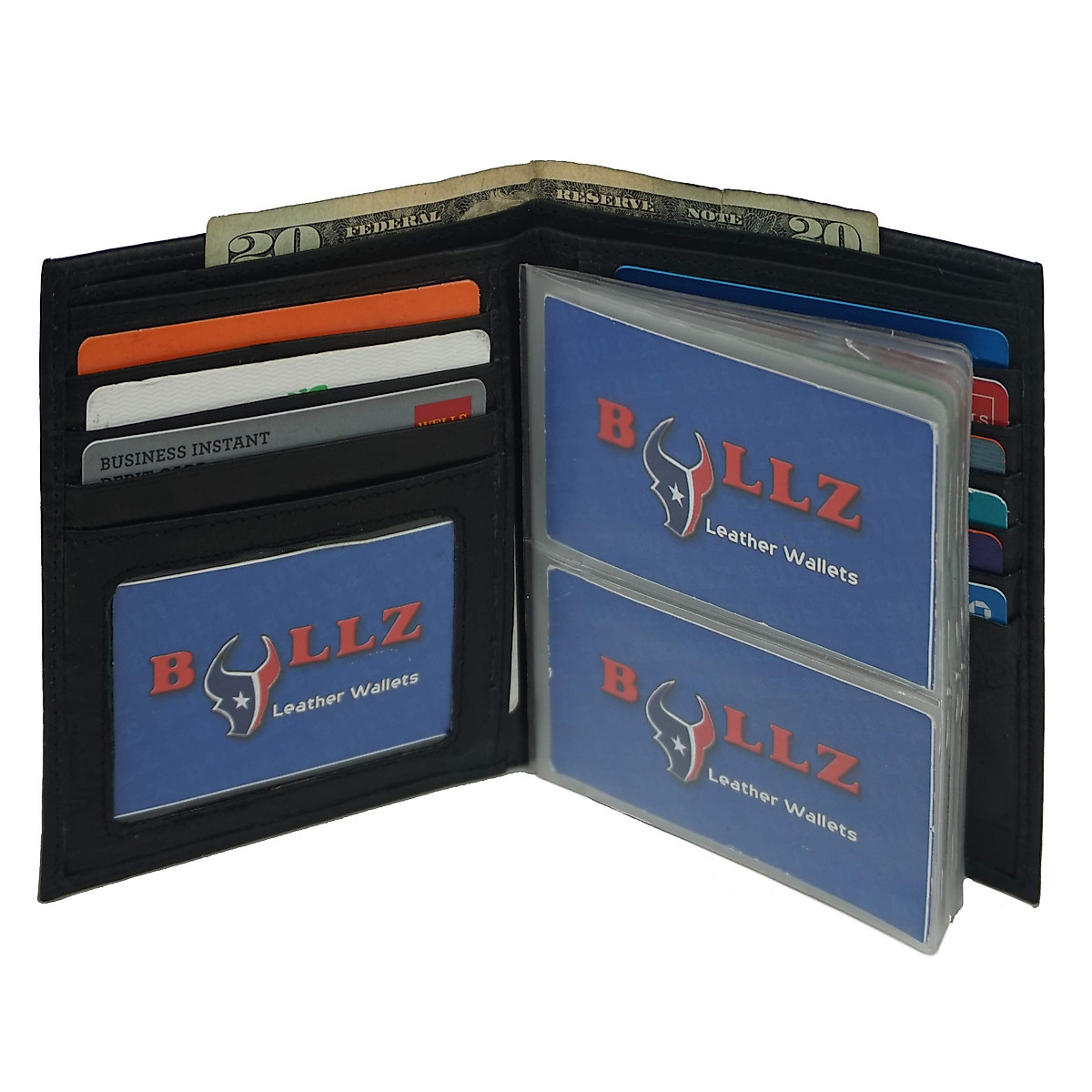 Leather European Bifold Hipster Mens Wallet With Heavy Duty Vinyl Wallet Insert (Black)