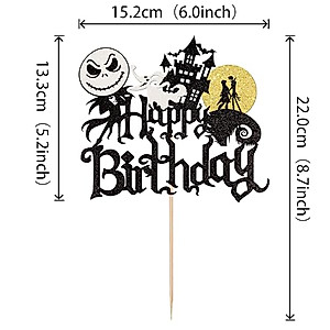 1 PCS Halloween Happy Birthday Cake Topper Glitter Jack and Sally Castle Ghost Halloween Cake Pick for Nightmare Before Christmas Theme Baby Shower Birthday Party Cake Decorations Supplies