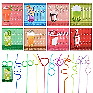 Valentines Day Cards for Kids with 32 Pack Crazy Straws Reusable Colorful Drinking Loop Straws for Classroom School Exchange Gifts Birthday Valentine Candy Treats Party Favor Game Prizes for Kids