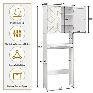 AZODY Over The Toilet Storage Cabinet with Gold Trim, Modern Bathroom Organizer Over Toilet with Adjustable Shelves and Toilet Paper Holder for Bathroom, White