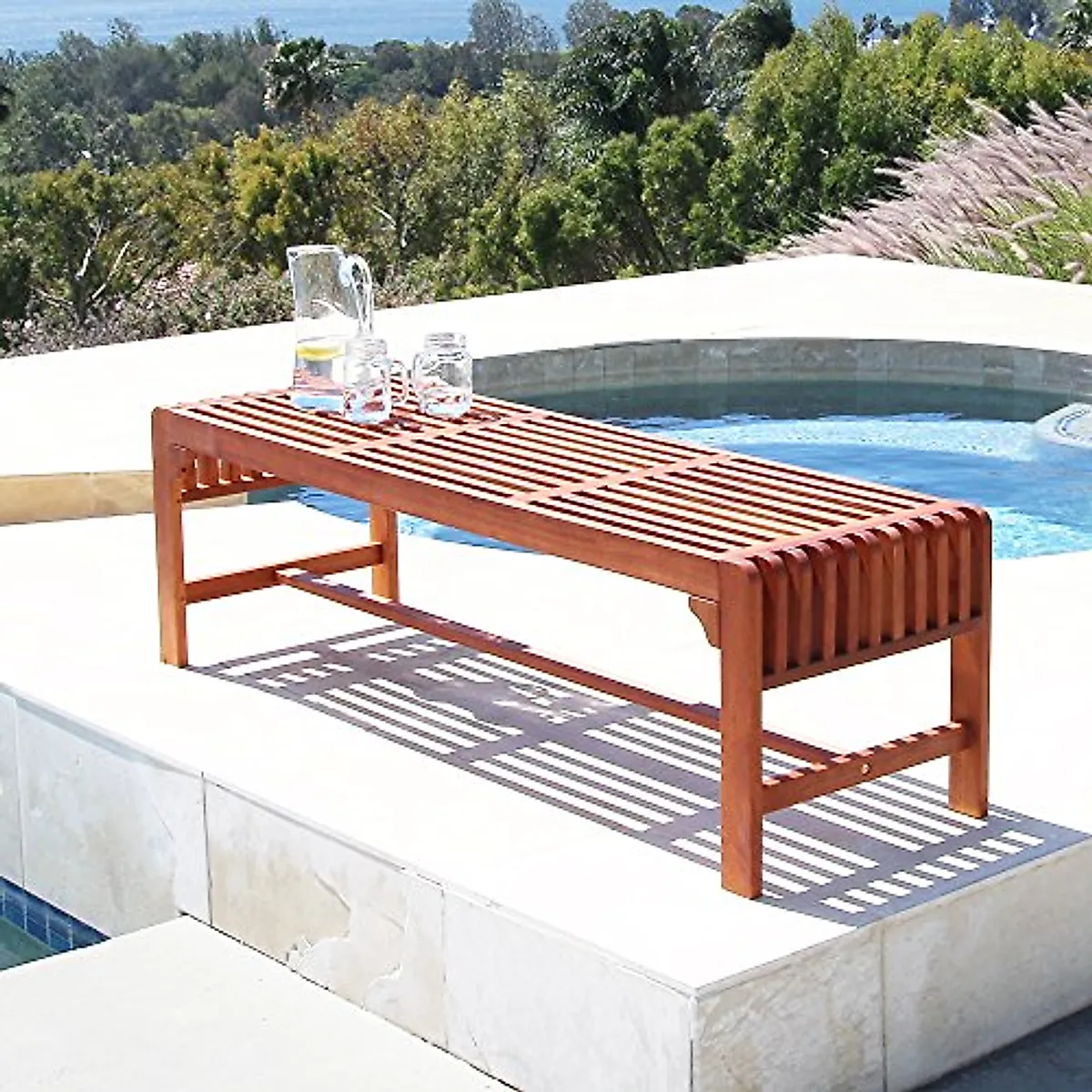 Vifah V1400 Malibu Red Brown 5Ft Rustic Eucalyptus Wooden Backless Bench for 3 Seater in Entry Way