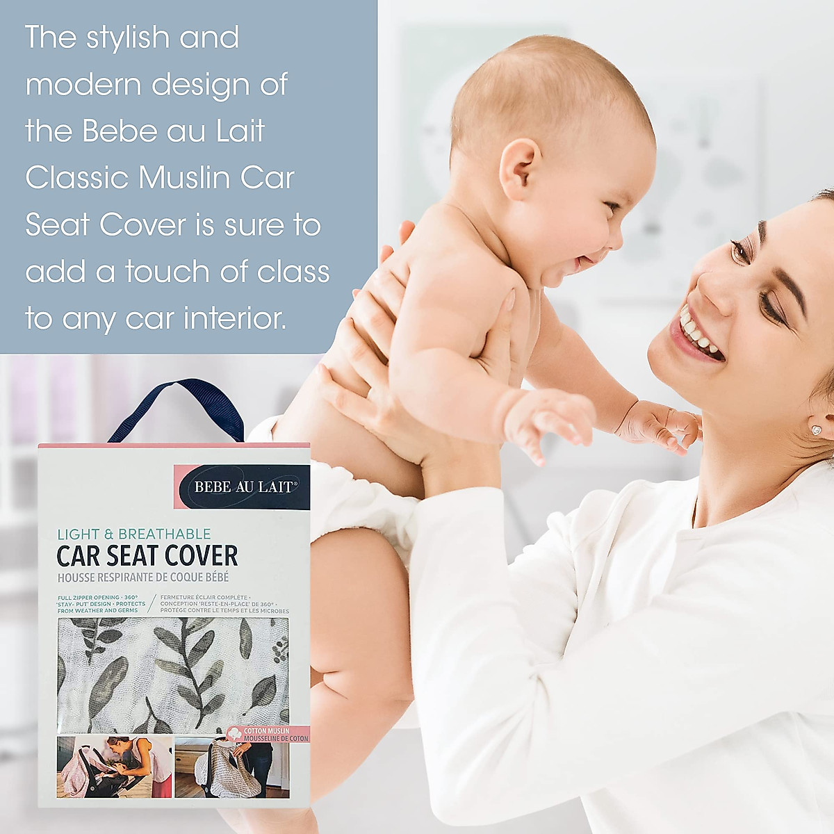 Bebe au Lait Classic Muslin Car Seat Cover -Perfect Baby Car Seat Covers for Babies, Car Seat Canopy, Unisex Baby Car Seat Cover- Easy Snap Straps, Fully Zippered Opening, Breathable- Leaves