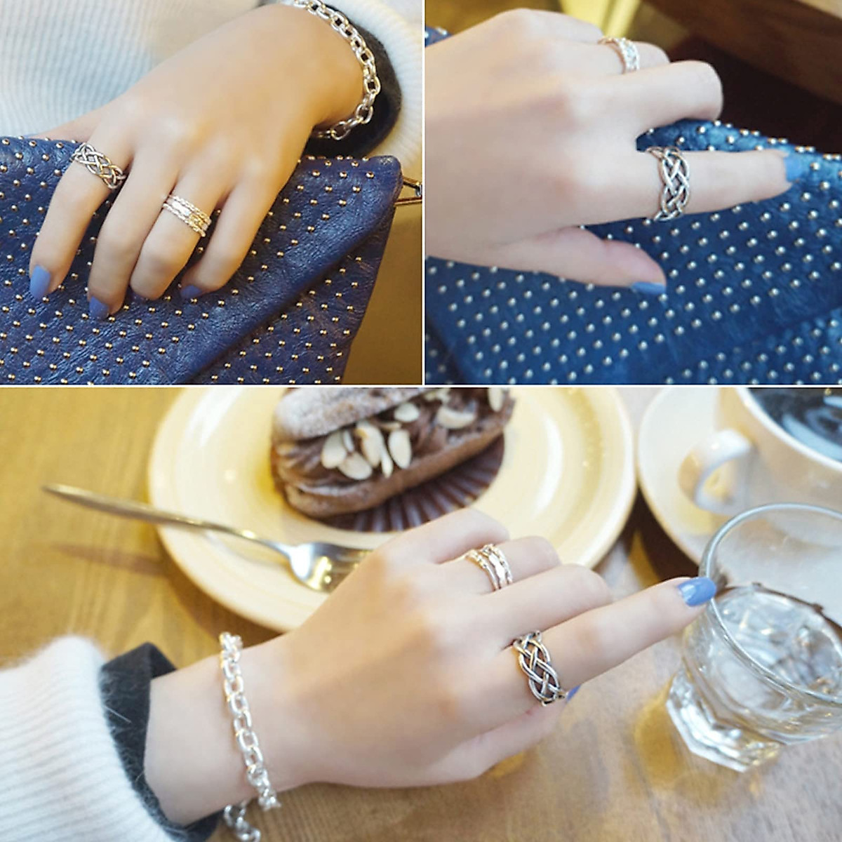 CANDYFANCY Celtic Knot Ring 925 Sterling Silver Open Middle Finger Knuckle Thumb Rings for Women Adjustable Size(Four line Twist)