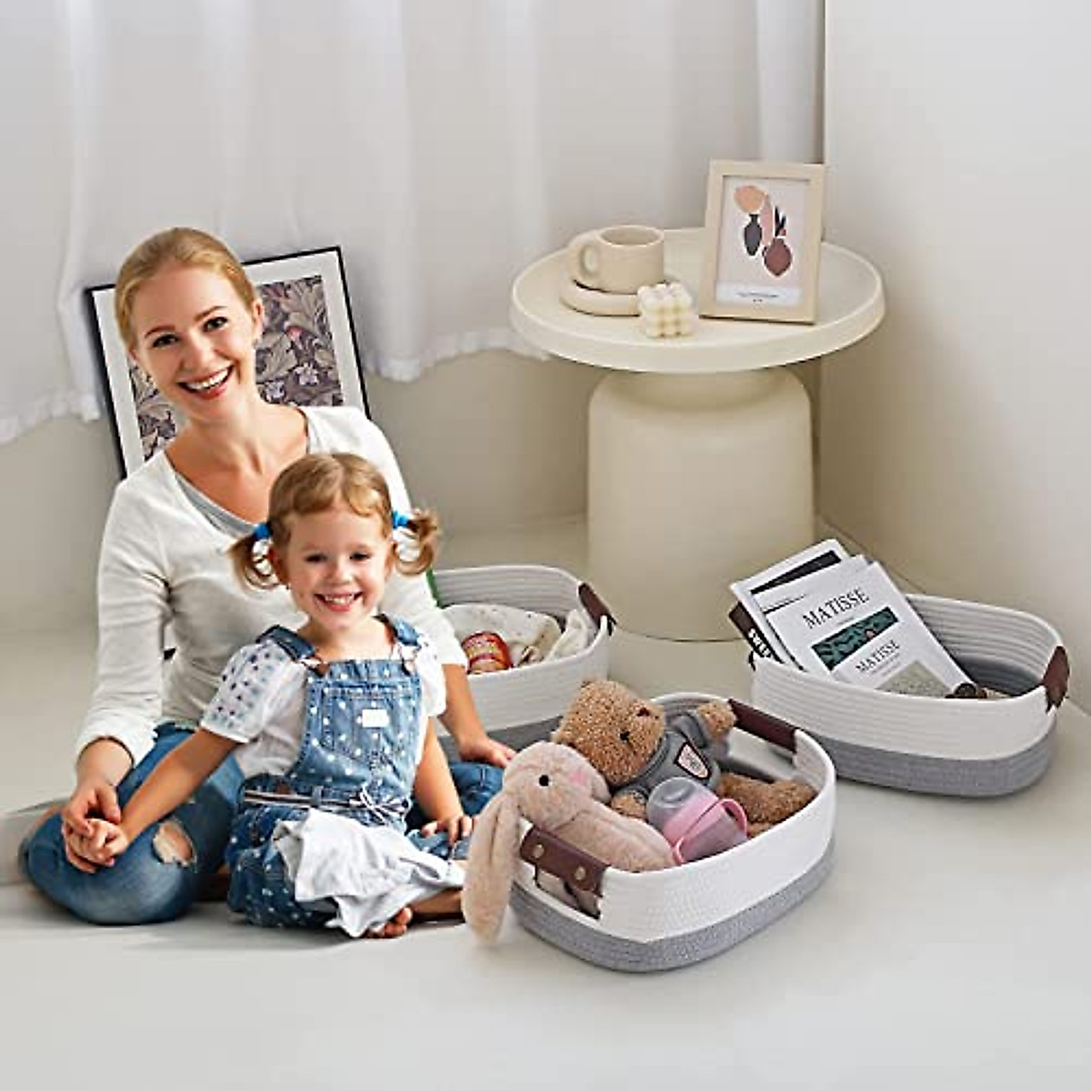 ECDYQXVU Cotton Rope Storage Basket, 14x11x5 IN, Oval Storage Bins, Decorative Woven Basket Cube Storage Organizer for Nursery, Laundry, Towel, Clothes, Toy, Cosmetics, Books (Grey/White)