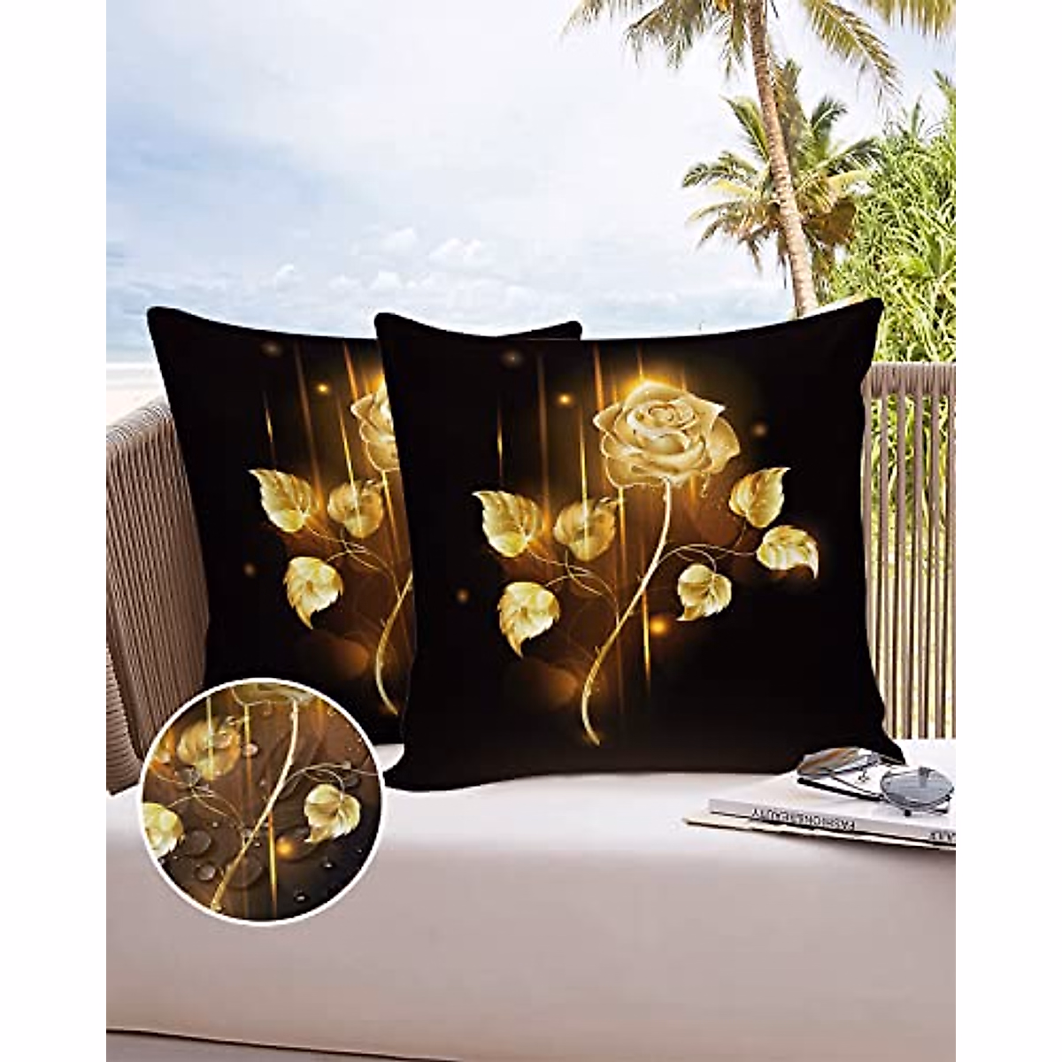 Pack of 2 Outdoor Waterproof Throw Pillow Covers Golden Rose Decorative Garden Cushion Cases for Patio Couch Sofa, Home Decoration 18x18 in