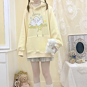 Ordabi Kawaii Hoodie Sheep Graphic Sweatshirt Oversized Aesthetic Pullover Japanese Preppy Alt Clothes Harajuku Streetwear (Apricot,L)