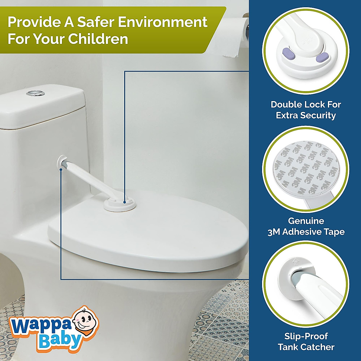 Toilet Seat Lock for Child Safety with Double Lock Mechanism – Child Proof Toilet Locks for Toddlers, Easy Installation No Tools Needed Fits Most Toilets – Toilet Baby Proofer by Wappa Baby