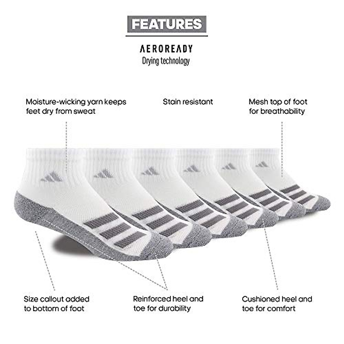 adidas Kids-Boy's/Girl's Cushioned Angle Stripe Quarter Socks (6-Pair), White/Grey/Light Onix Grey, Large