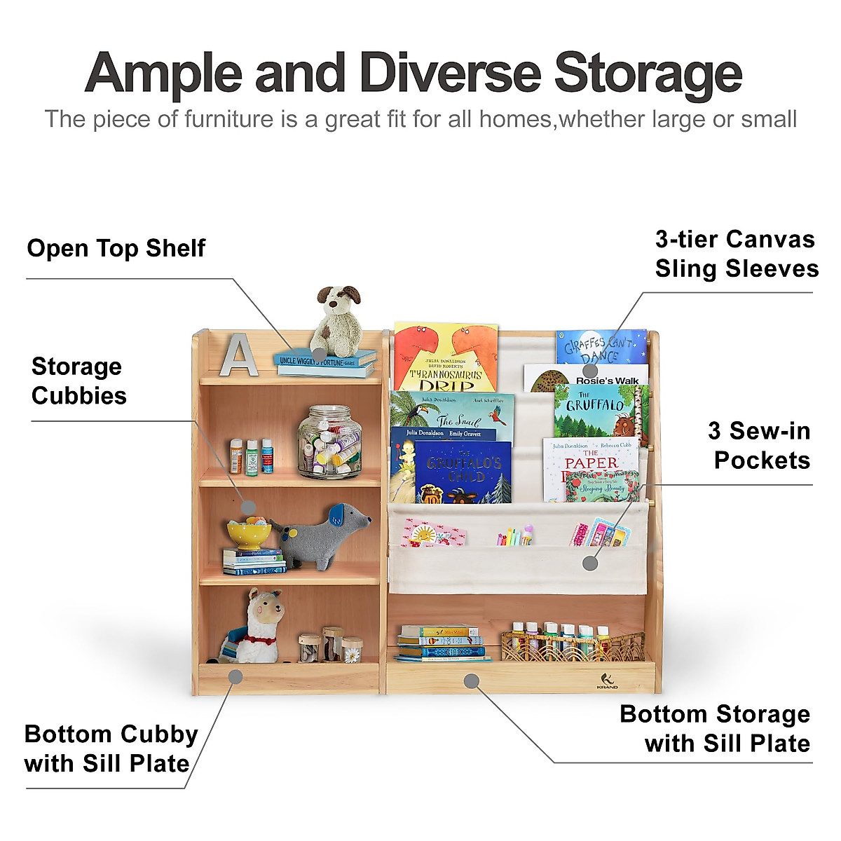 KRAND 4-Layer Kids Wooden Bookshelf, 4-Tier Layer Sling Bookcase, Baby Storage Book Rack,Toy Organizer Cabinet, Books Display for Playroom Livingroom Toddler Room Nursery and Classroom (Natural)